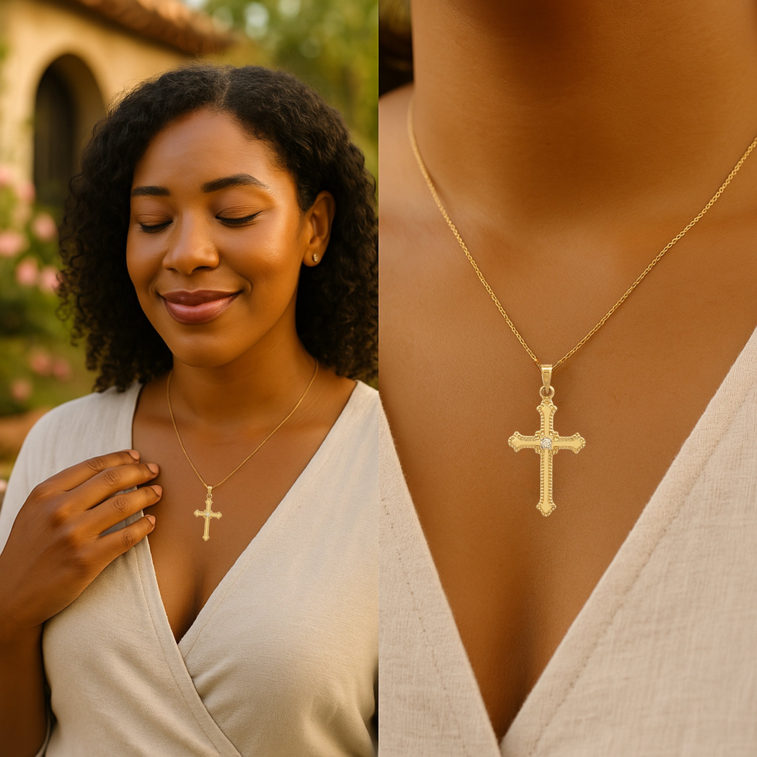 SOLID 14K GOLD BUDDED EDGE DIAMOND CROSS PENDANT | Cross + Crown