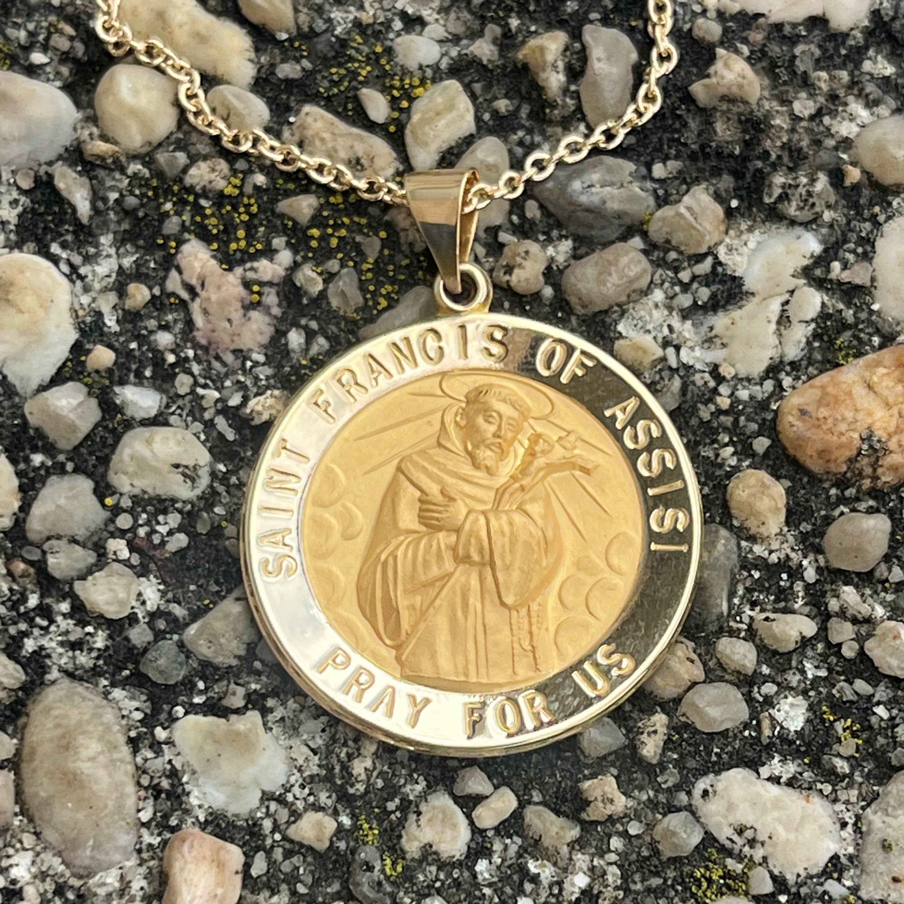 14K GOLD SAINT FRANCIS OF ASSISI MEDAL | ROUND | Cross + Crown